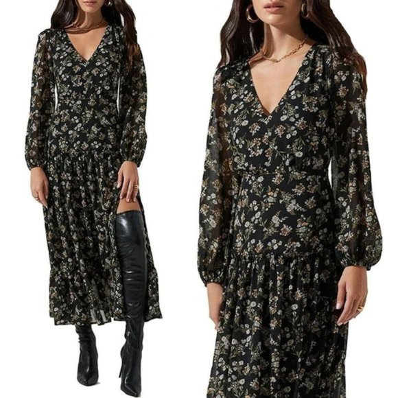 Astr | Dresses | Nwt Astr The Label Chiffon Midi Dress Vneck Long ...
